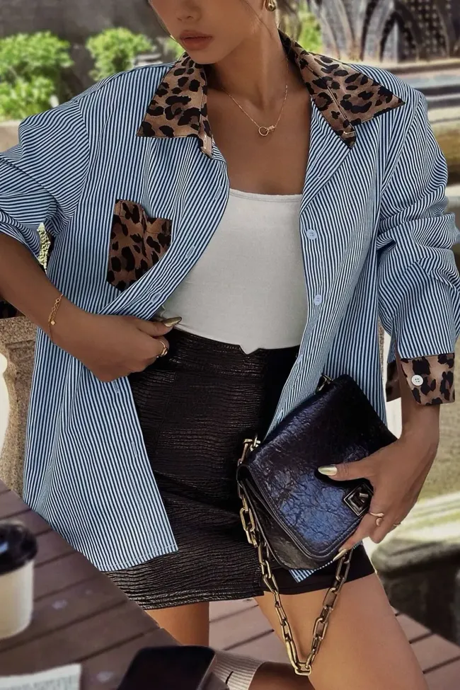 Blue Leopard-Stripe Oversized Shirt - NEWME