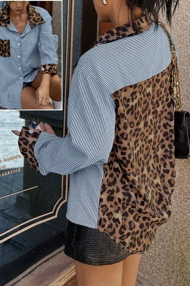 Blue Leopard-Stripe Oversized Shirt - NEWME