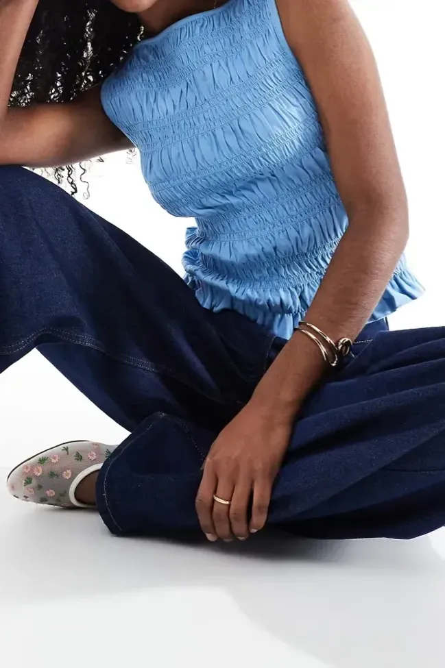 Blue Smocked Fitted Round Neck Top - NEWME