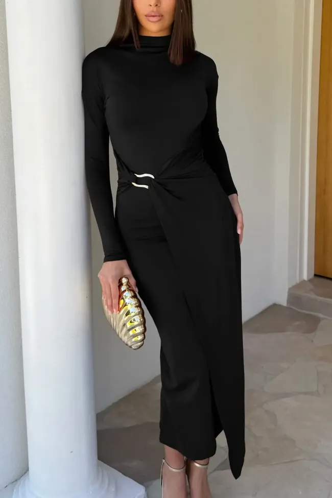 Black High Neck Slit Maxi Dress - NEWME