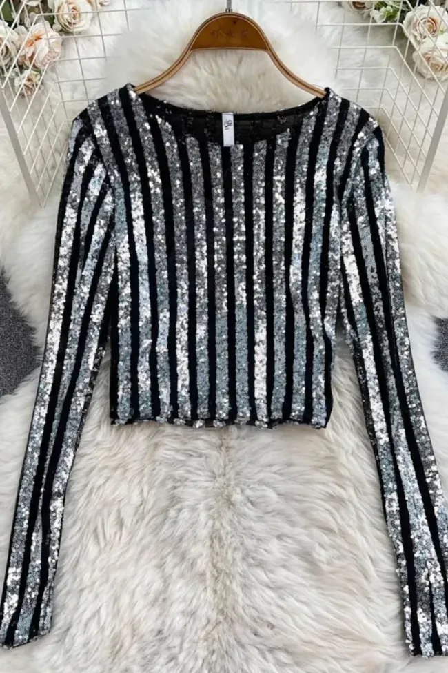 Grey Sequined Round Neck Top - NEWME