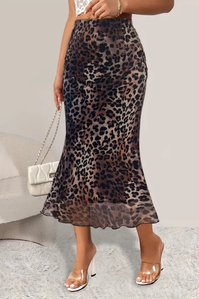 Brown Leopard Print Trumpet Midi Skirt - NEWME
