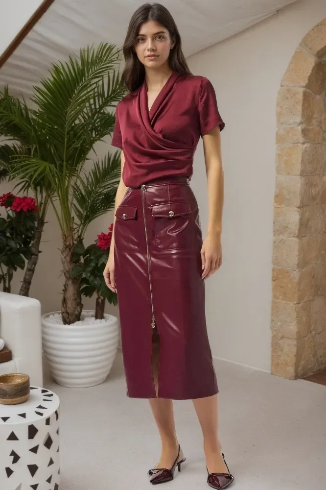 Wine High-Rise Pu Midi Skirt - NEWME