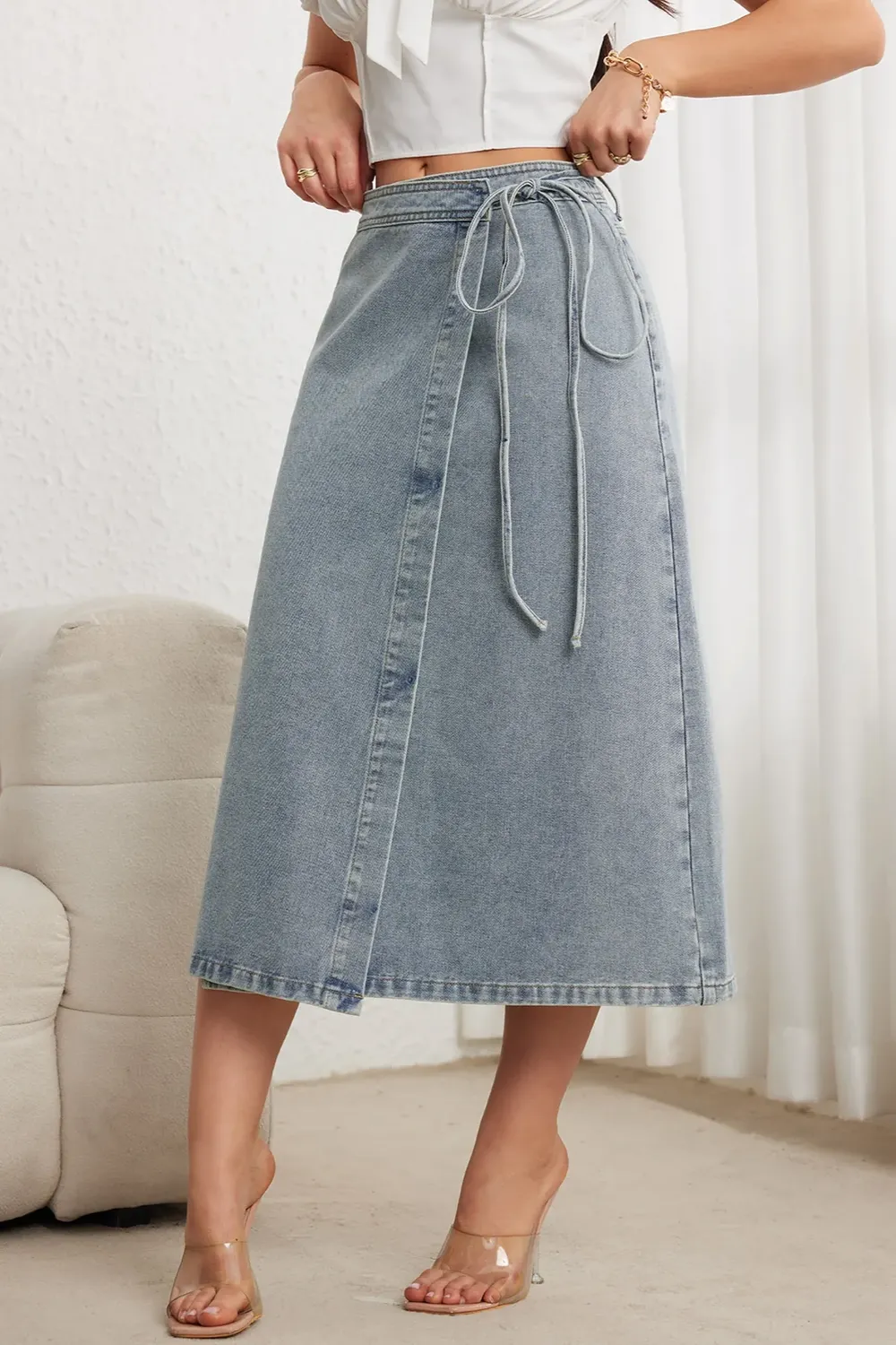 Light Blue Mid-Rise Denim Tie-Up Skirt - NEWME