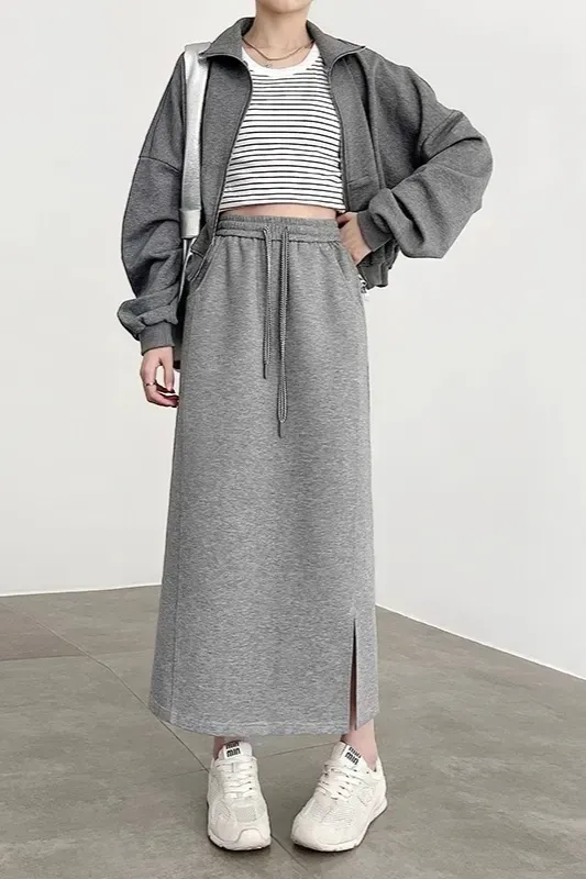 Grey Solid Mid Rise Maxi Skirt - NEWME