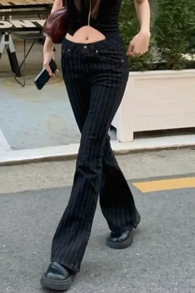 Black Pinstripe Low Rise Bootcut Pants - NEWME