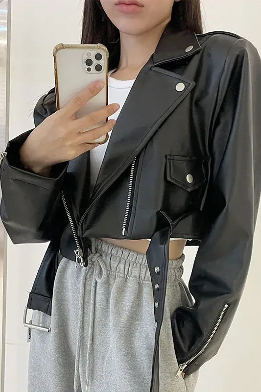 Black Pu Cropped Biker Jacket - NEWME