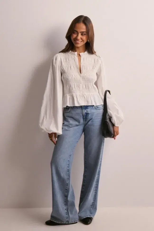 White Smocked Mock Neck Top - NEWME