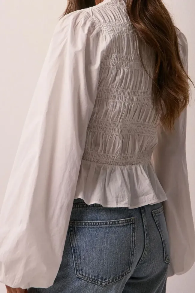 White Smocked Mock Neck Top - NEWME