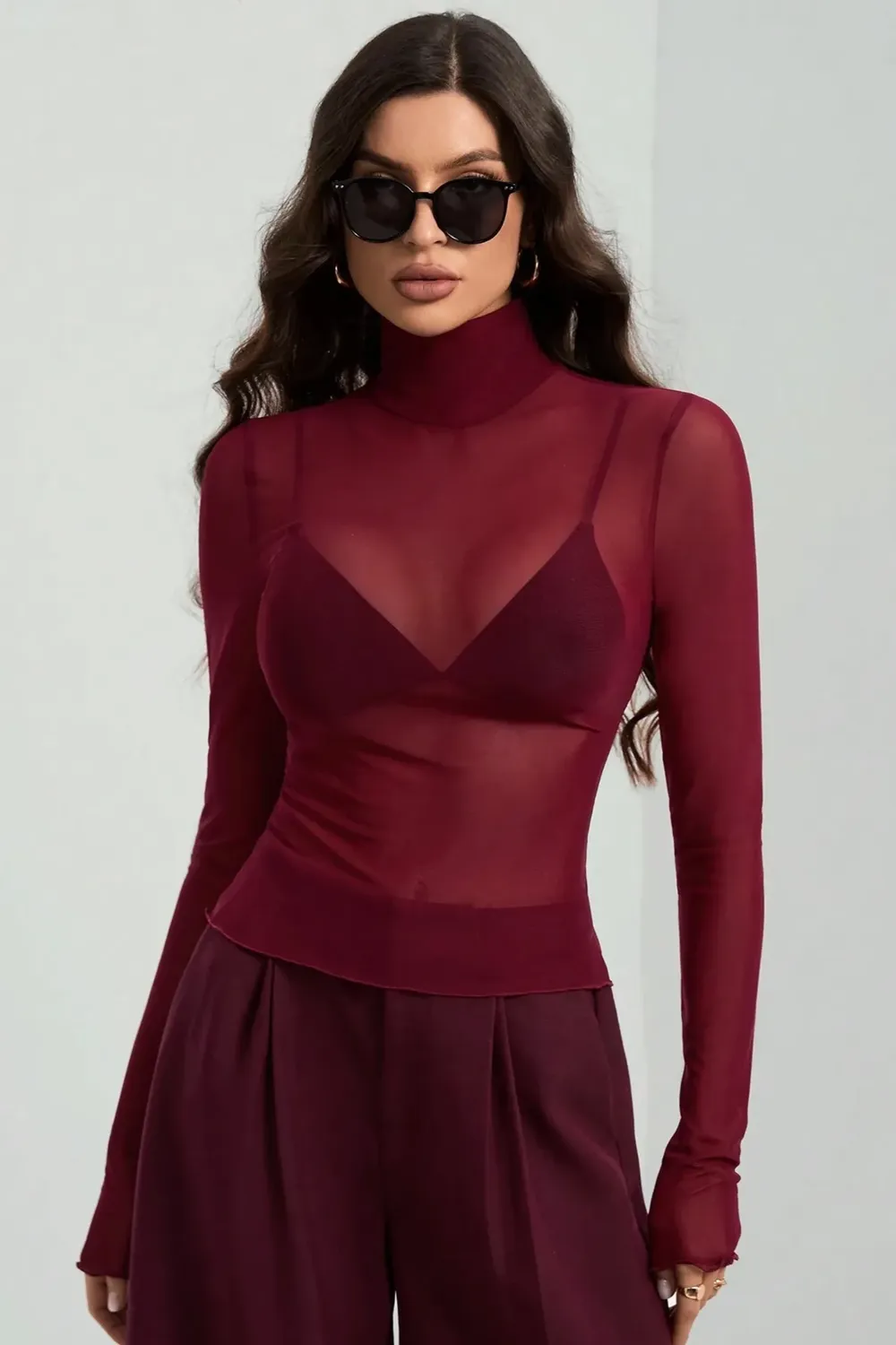Maroon Solid Sheer Turtle Neck Top - NEWME