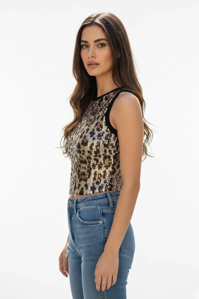 Brown Leopard Sequin Fitted Top - NEWME