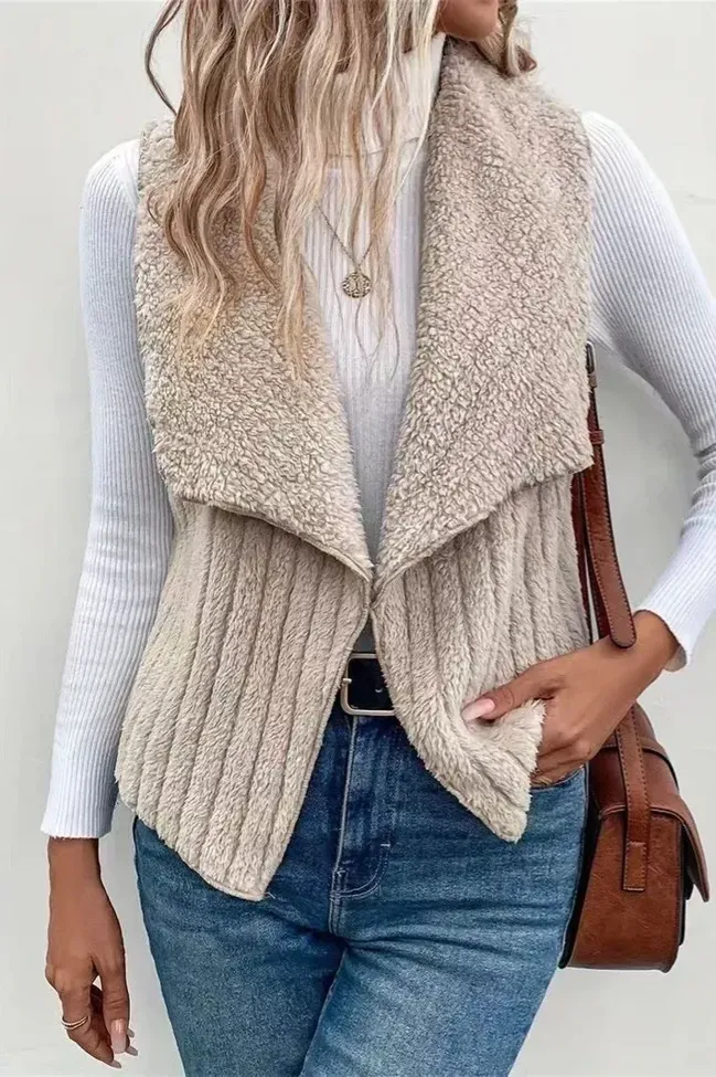 Beige Front Open Lapel Collar Vest - NEWME