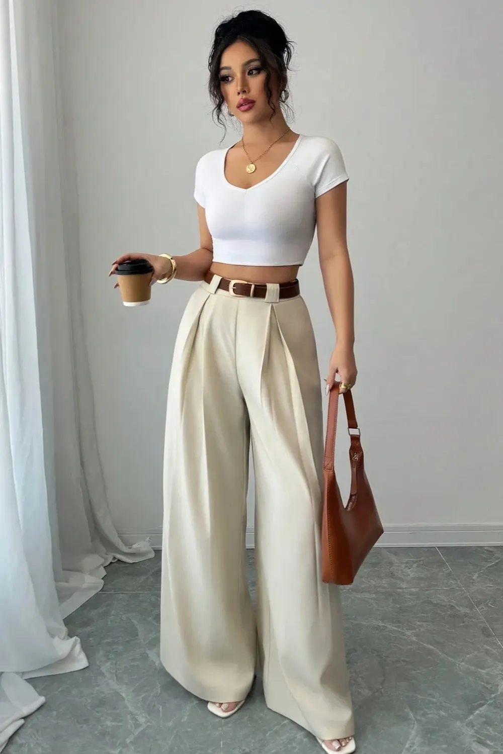 Beige High-Rise Pleated Trouser - NEWME
