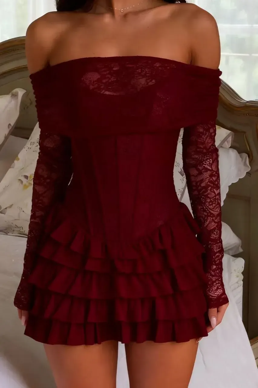 Maroon Off-Shoulder Lace Mini Dress - NEWME