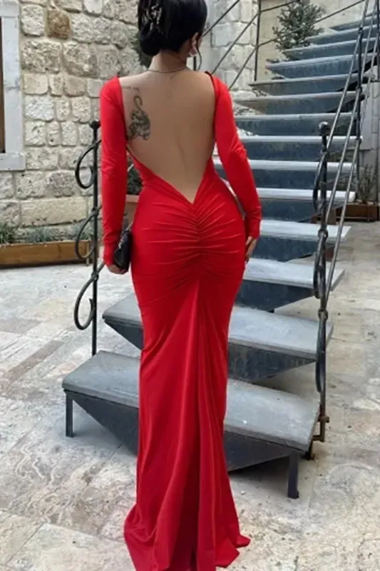 Red Backless Bodycon Maxi Dress - NEWME
