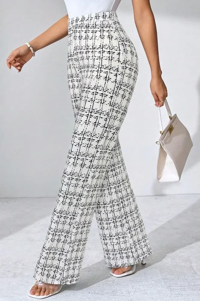 White High Rise Abstract Check Trousers - NEWME