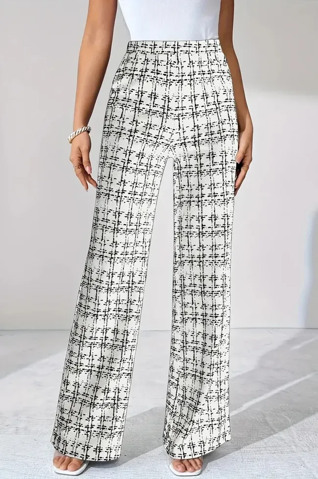 White High Rise Abstract Check Trousers - NEWME