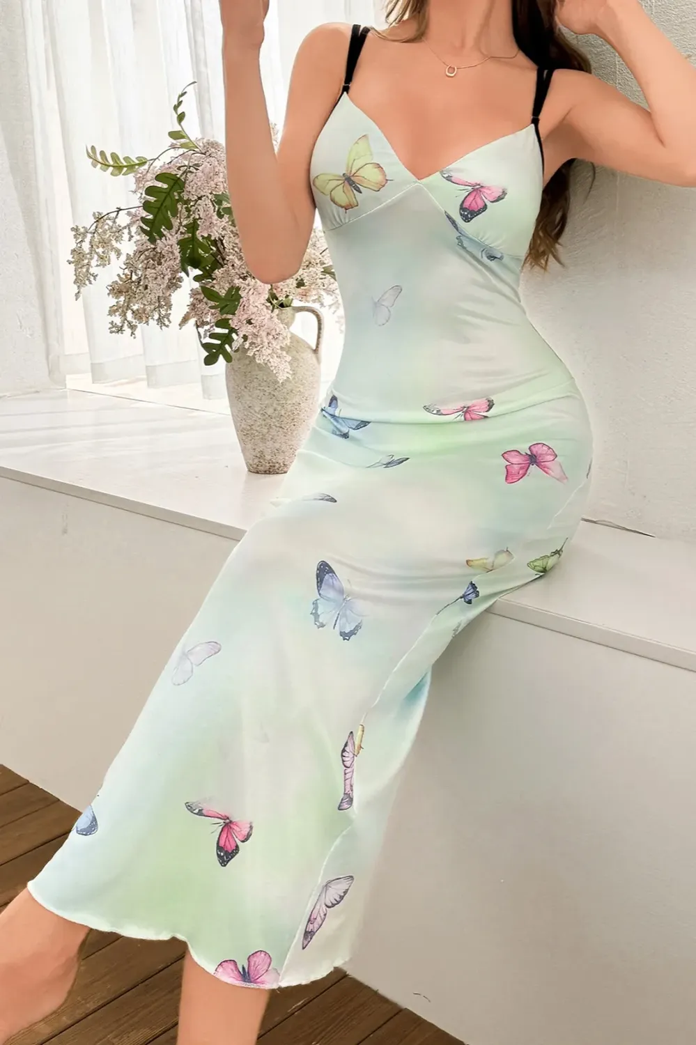 Light Green Butterfly Midi Slip Dress - NEWME