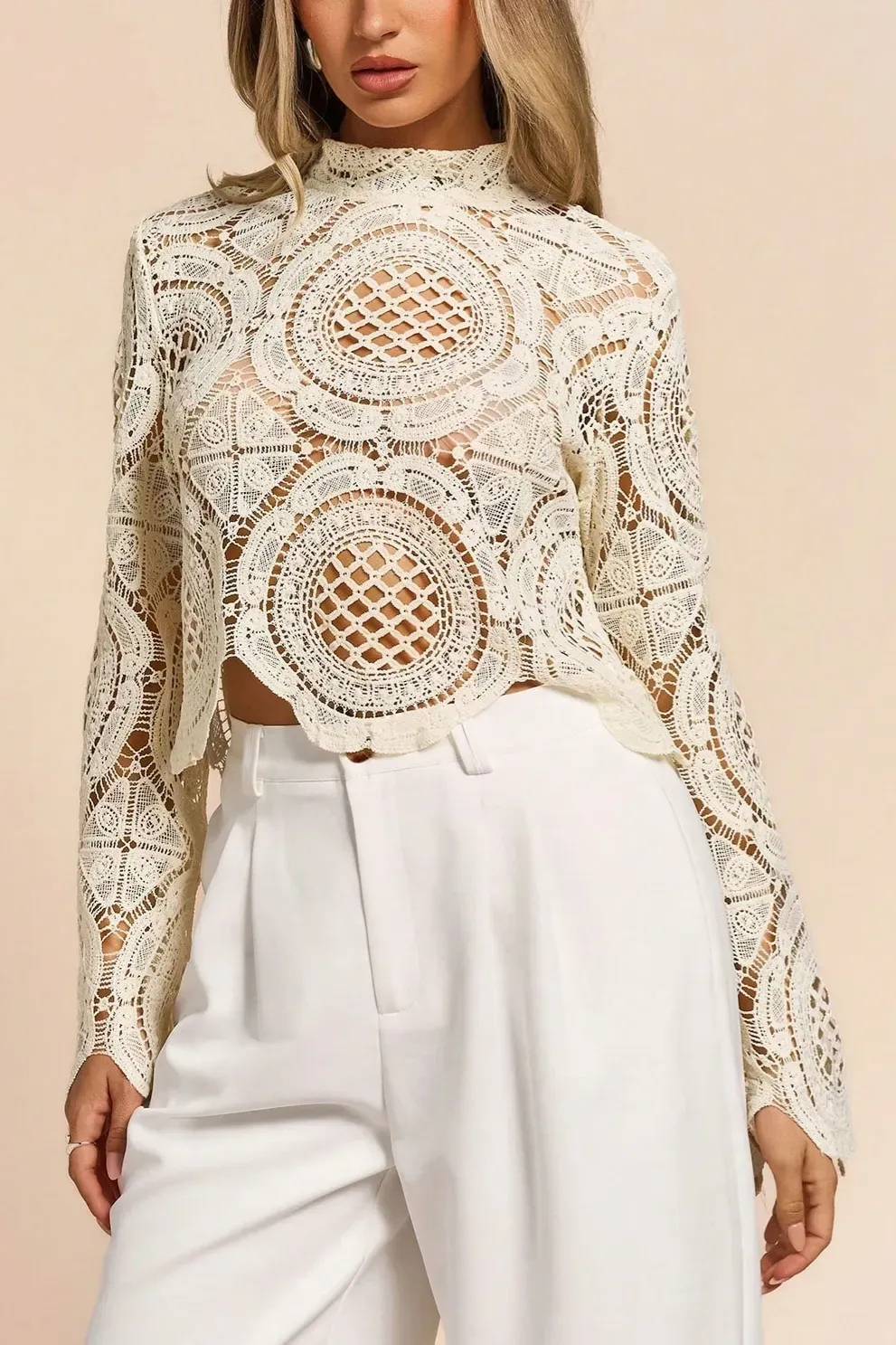 Beige Solid High Neck Lace Top - NEWME