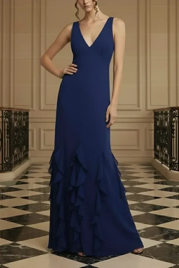 Dark Blue Solid Ruffled Maxi Dress - NEWME
