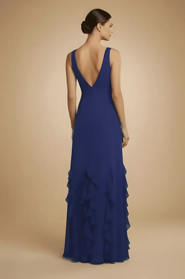 Dark Blue Solid Ruffled Maxi Dress - NEWME