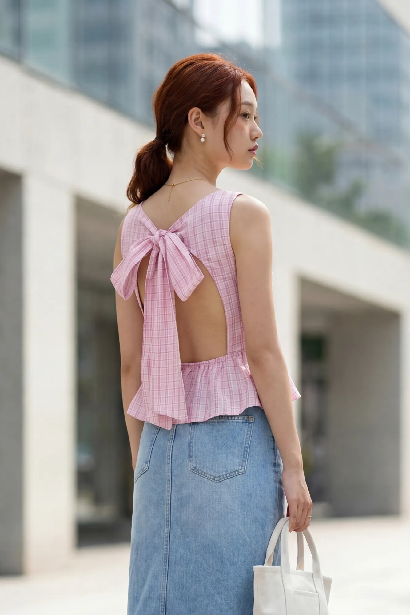 Pink Gingham Print Peplum Top - NEWME