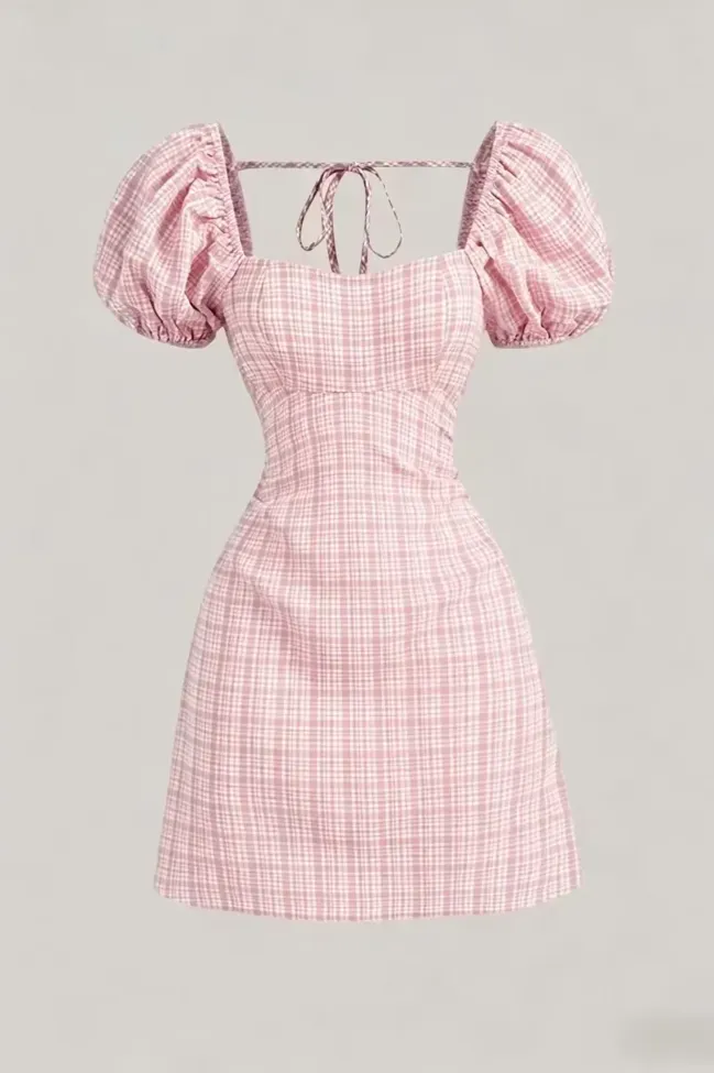 Light Pink Plaid Puff Sleeves Mini Dress - NEWME