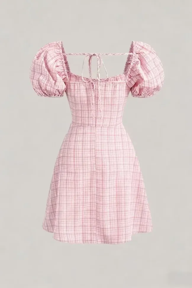 Light Pink Plaid Puff Sleeves Mini Dress - NEWME